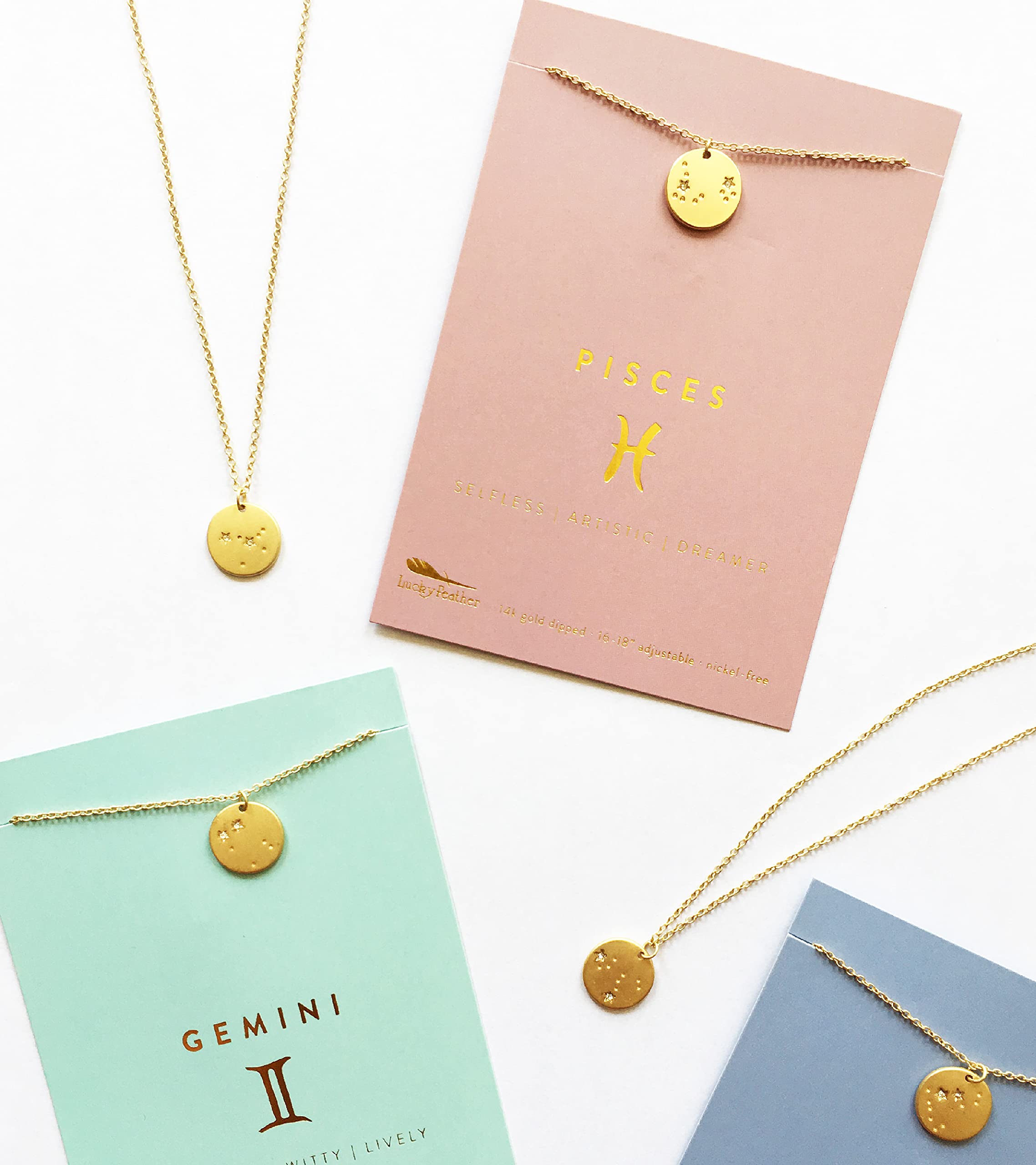 Lucky Feather Pisces Zodiac Sign Constellation Pendant Necklace for Women, 14K Gold-Dipped with Adjustable 16” – 18” Chain