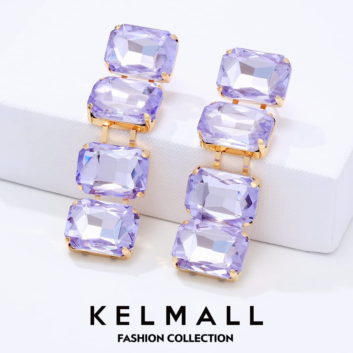 Chunky Rhinestone Rectangle Earrings for Women Dangling Geometric Shaped with Purple Crystal Drop Earrings KELMALL COLLECTION