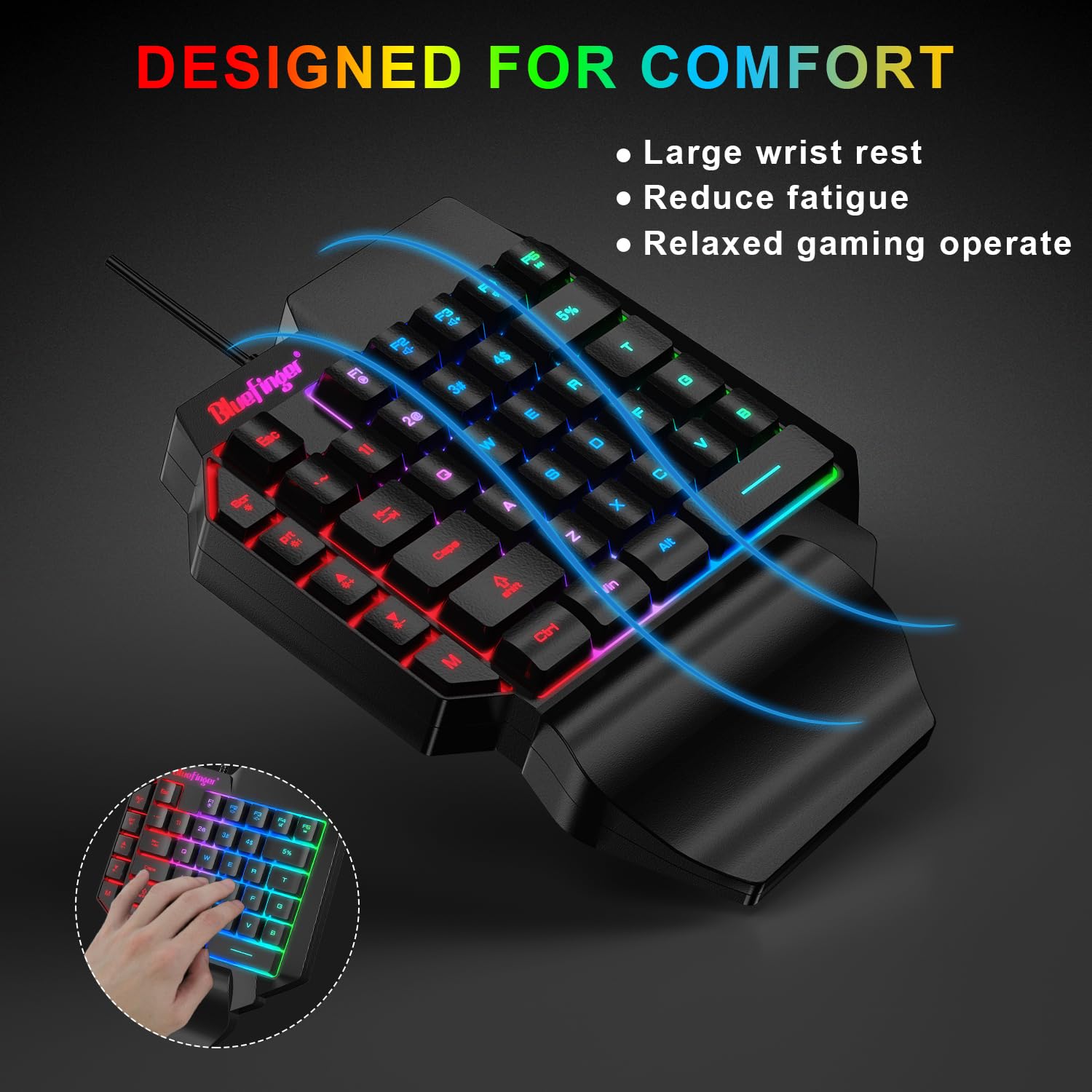 BlueFinger RGB One Hand Mechanical Gaming Keyboard and Backlit Mouse Combo,USB Wired Rainbow Letters Glow Single Hand Mechanical Keyboard with Wrist Rest Support, Gaming Keyboard Set for Game