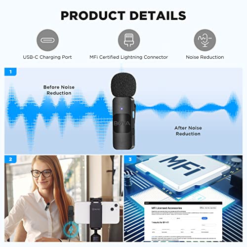 BOYA Wireless Lavalier Lapel Microphone for iPhone iPad - Mini Omnidirectional Condenser Video Recording Mic for Interview Podcast Vlog YouTube Live Stream