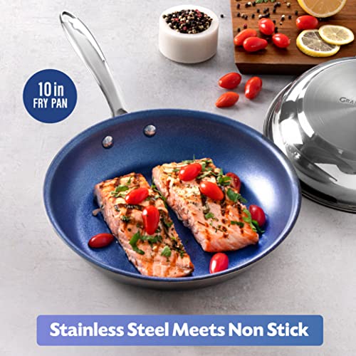 Granitestone 10 Inch Non Stick Frying Pan Nonstick Stainless Steel Pan with Diamond Coating for Long Lasting Nonstick Frying Pan Skillet for Cooking, Induction/Oven/Dishwasher Safe, Non Toxic - Blue