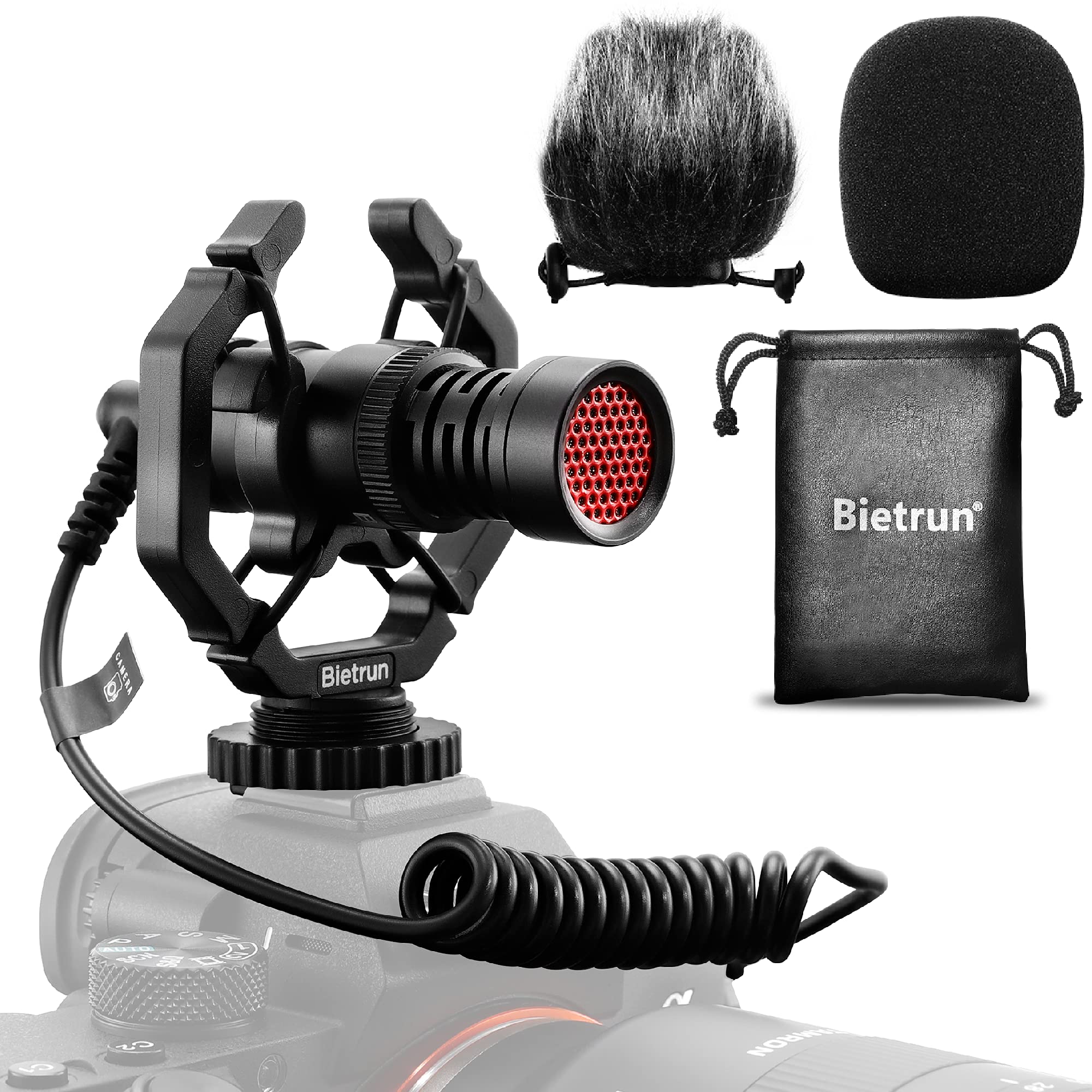 Bietrun Camera Microphone for Canon Sony Nikon DSLR Camera with Suspension Shock Mount/Hairy Deadcat Windscreen, External Cardioid Shotgun Mic for Tiktok YouTube Vlogging, Interviews, Recording