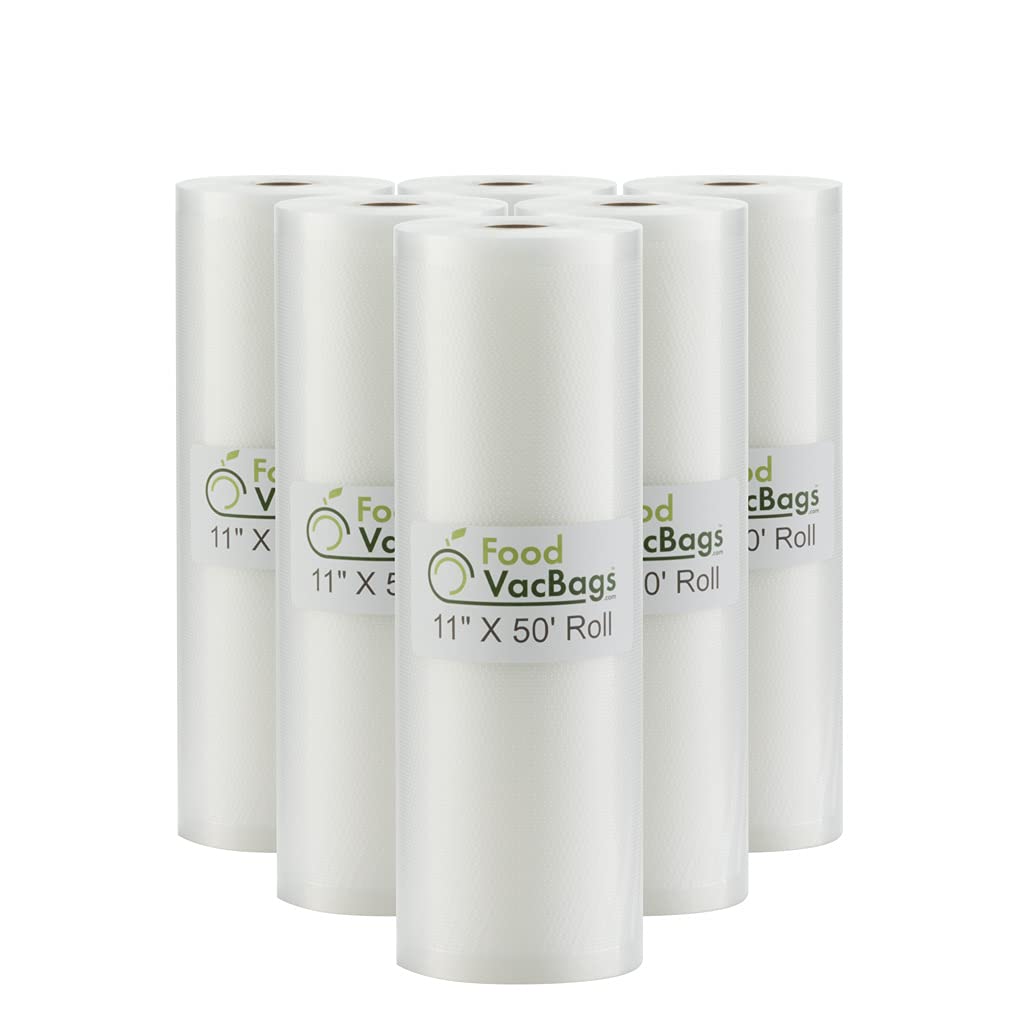 FoodVacBags Vacuum Sealer Rolls, 11 In x 50 Ft, 6 Rolls, Compatible with Foodsaver, Embossed Commercial Grade Make Your Own Size Food Storage Vacuum Sealer Bags
