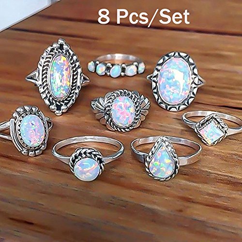 Chunky Rings Set 8Pcs Rings Set Natural Gemstone Fire Opal Diamond Ring Wedding Engagement Jewelry Retro Party Band Rings Rose Gold Silver