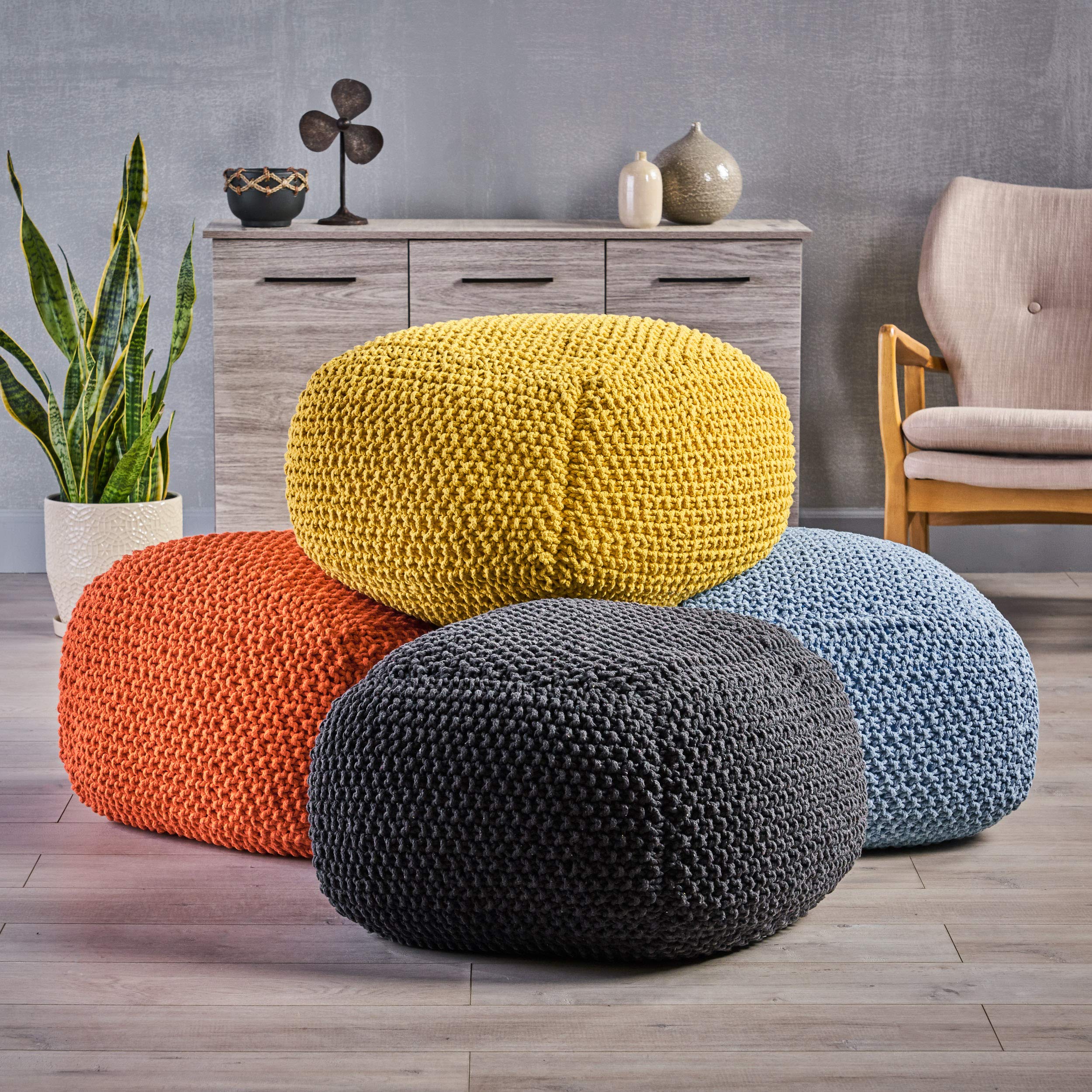 Christopher Knight Home Joyce Knitted Cotton Square Pouf, Dark Grey Small