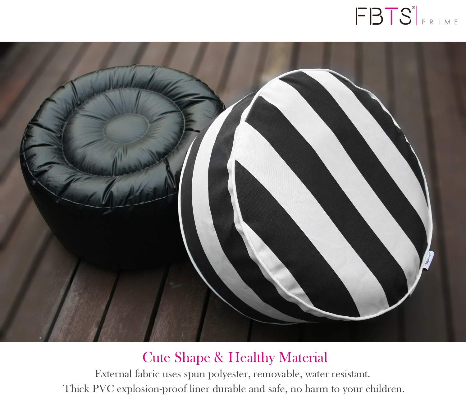 FBTS Prime Inflatable Footstool Ottoman Black Stripe Round 21x9 Inch Patio Foot Stools and Ottomans Portable Footrest