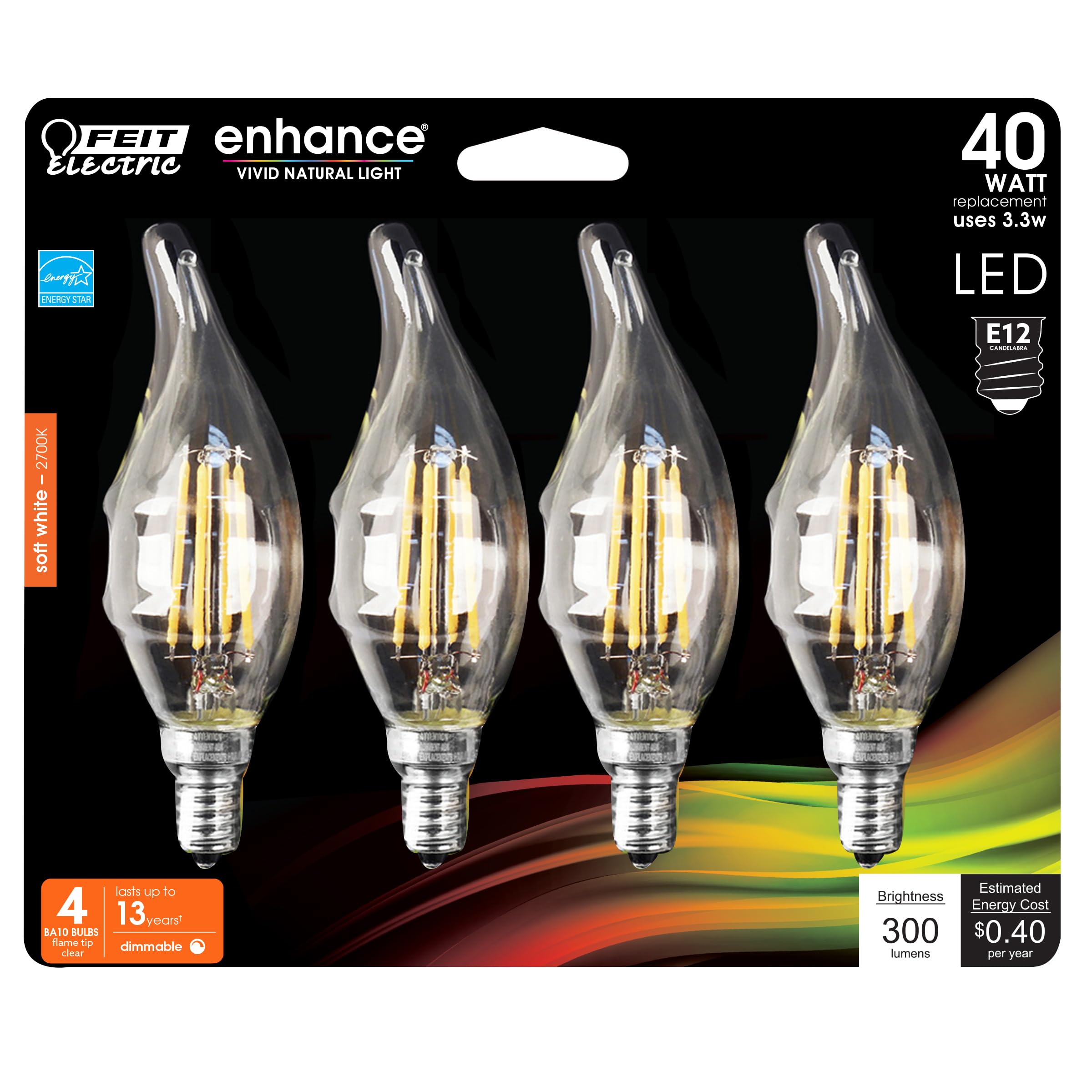 Feit Electric Candelabra LED Light Bulbs, Dimmable, 40W Equivalent, E12 Base, 2700K Soft White, Vintage B10 Filament Candle Light Bulb for Chandelier, BPCFC40927CAFIL/4/RP, 4 Pack