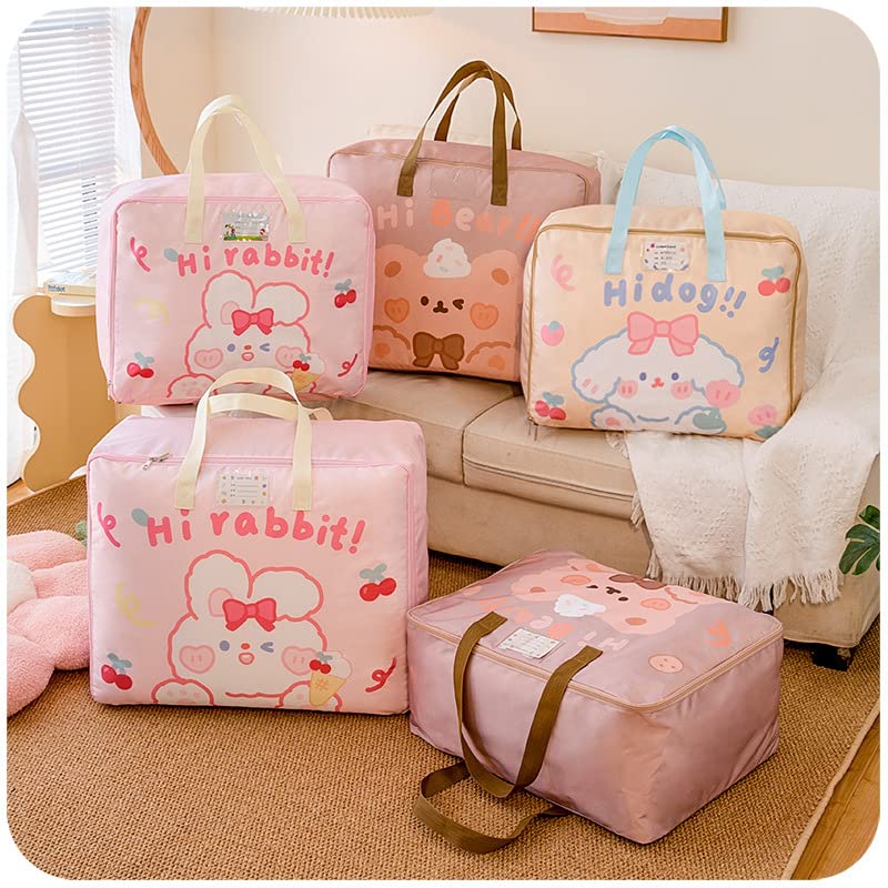 Kawaii Water Resistant Thick Over Size Storage Bag, Cute Aesthetic Cartoon Print Folding Organizer Bag, Under Bed Storage Carrying Bag with Reinforced Handle for Bedding Comforters (Pink,Large)