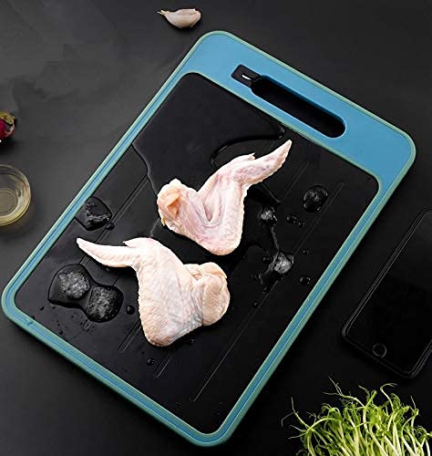 Defrosting Tray - 2-in-1 Meat Thaw Mat and Cutting Board - Groove Tray - Non-Stick Thawing Plate - Meat Cutting Board - No Heat Miracle Thaw - Compact - Knife Sharpener, Zester - Green/Blue