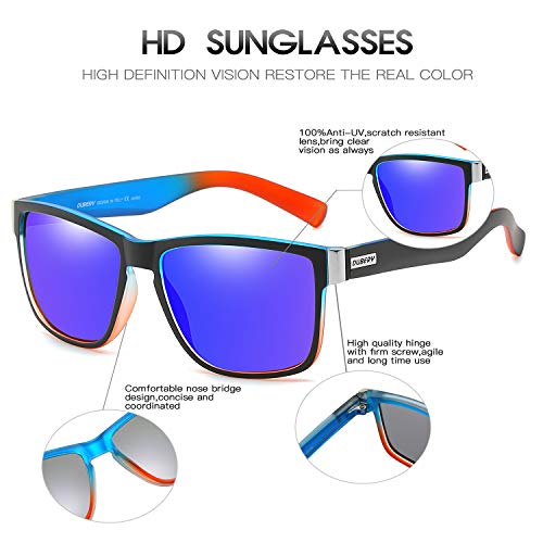 DUBERY Vintage Polarized Sunglasses for Men Women Retro Square Sun Glasses D518 (Blue&Orange/Mazarine)