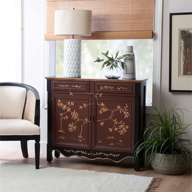 BOWERY HILL Narrow Console Table with Drawers and Doors for Living Room, Tall Wood Table for Behind The Sofa, Hand Painted, Red