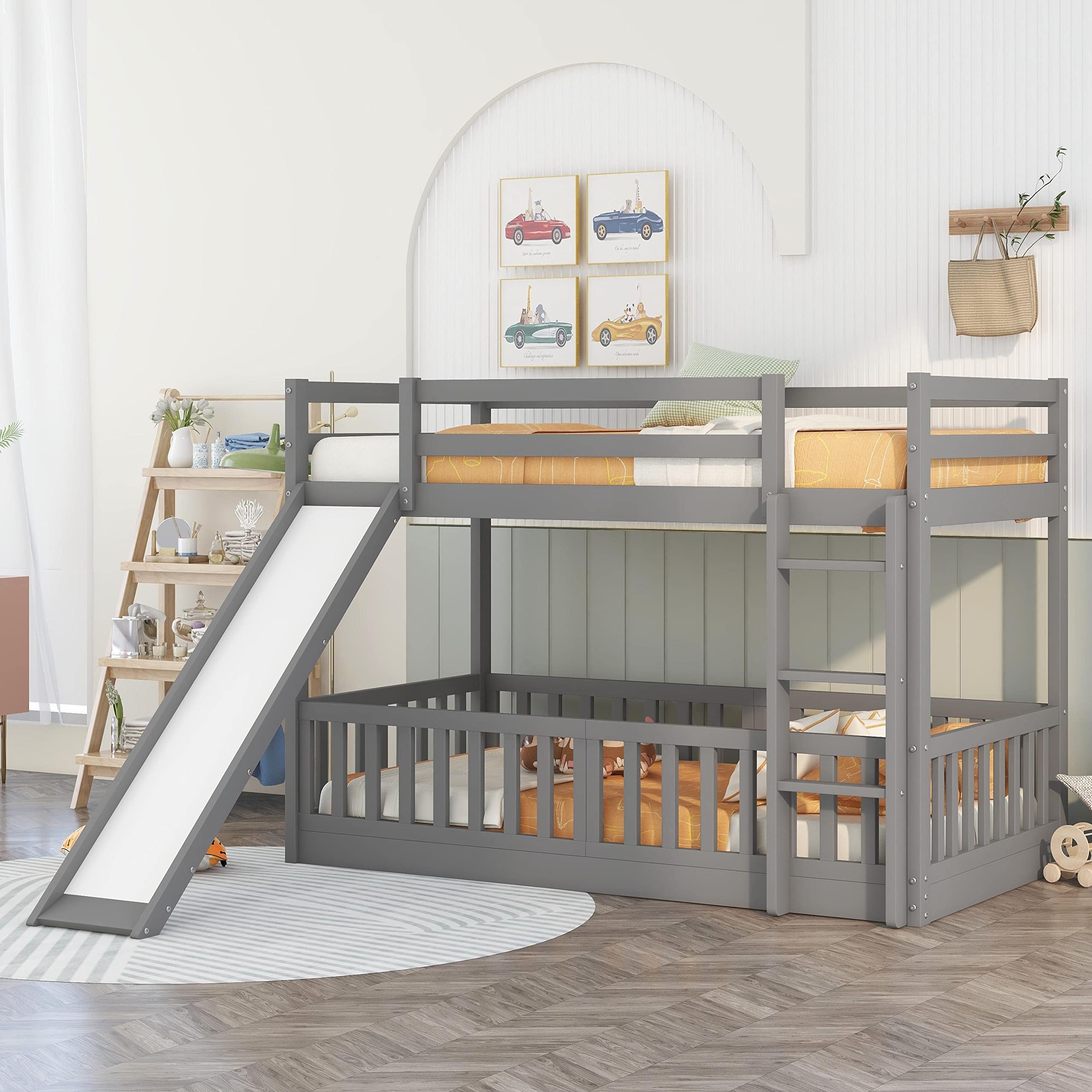 Harper & Bright Designs Twin Bunk Beds with Slide, Kids Wood Twin Over Twin Bunk Beds with Fence, Ladders, Safety Guard Rails for Kids, Toddlers, Teen, No Box Spring Needed (Grey)