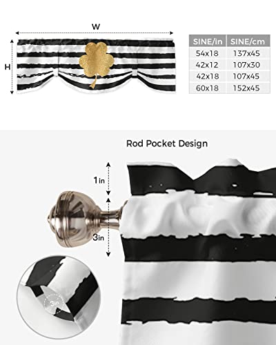 St Patrick's Gold Lucky Clover Leaves Tie Up Valance Curtain for Kitchen-Small Window Shade Valances Adjustable Rod Pocket Windows Treatment for Bathroom Black and White Stripes Line,1 Panel 42x18in