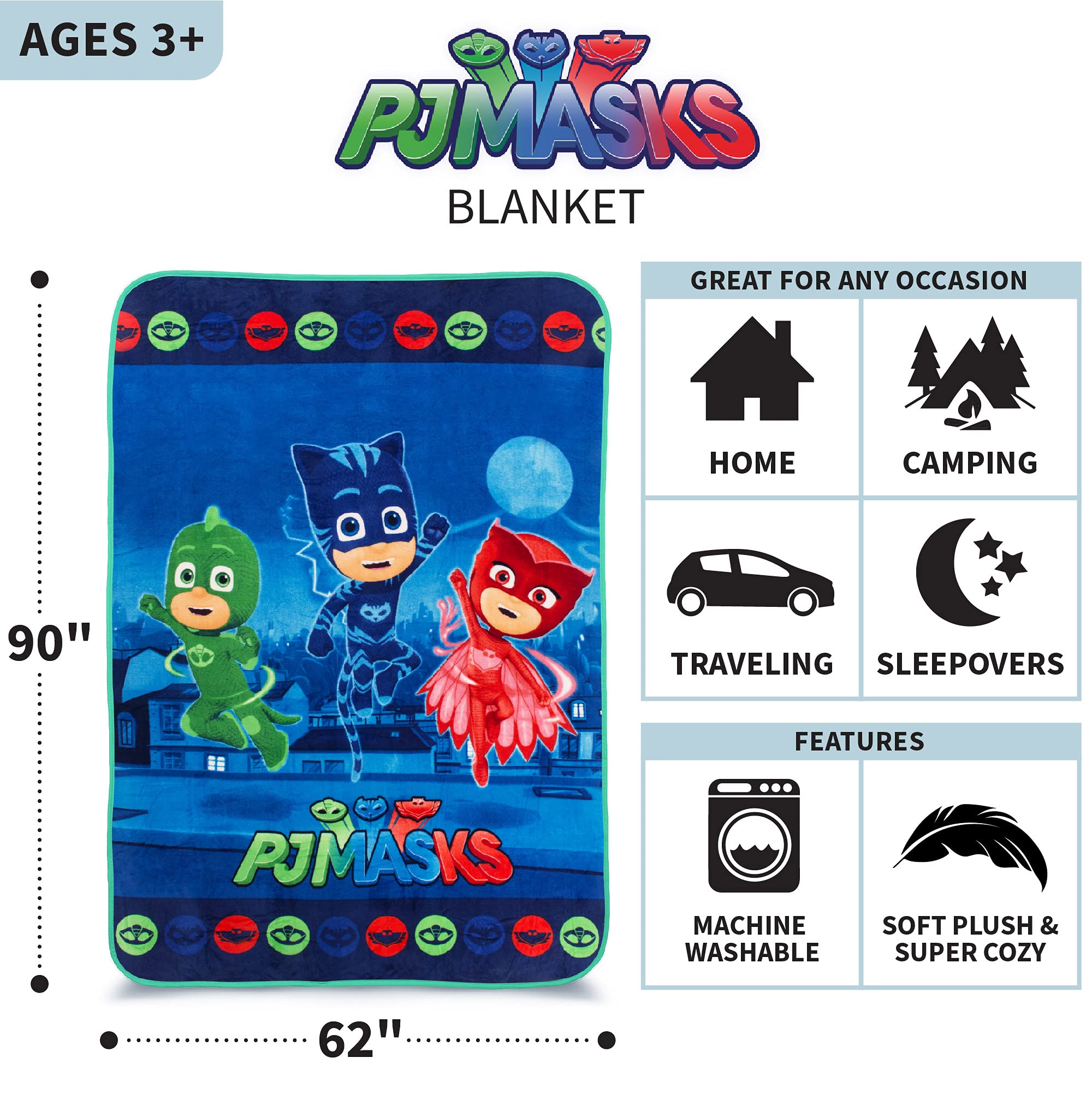 Franco Kids Bedding Super Soft Plush Microfiber Blanket, Twin/Full Size 62" x 90", PJ Masks,A46518