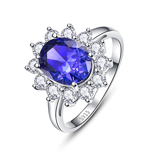 BONLAVIE 4.4ct Oval-Cut Created Blue Tanzanite Ring for Women 925 Sterling Silver Princess Cut Diana Engagement Ring Size 8
