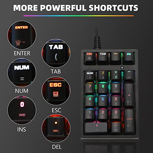 Color You Number Pad Keyboard, Mechanical Numpad Pad 21 Keys RGB Backlight Numeric Keypad with USB Number Pad for Laptop Notebook, Desktop, Surface Pro, PC Office, Travel, Home (Black)