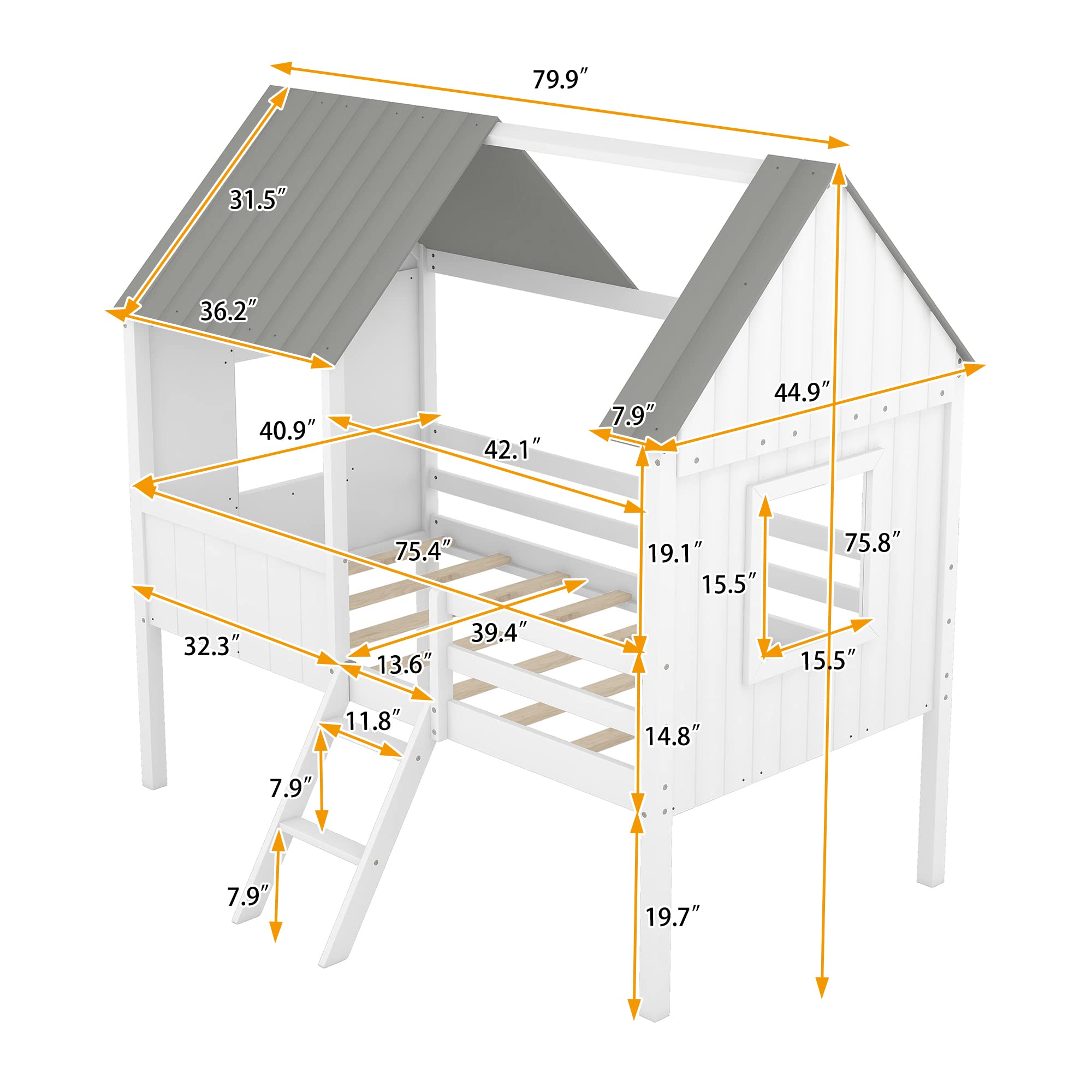 Harper & Bright Designs House Twin Bed for Kids, Low Loft Bed Frame Twin Size, Wood Kids Twin House Bed with Two Side Windows and Roof for Kids,Teens, Girls & Boys, No Box Spring Needed (White+Gray)