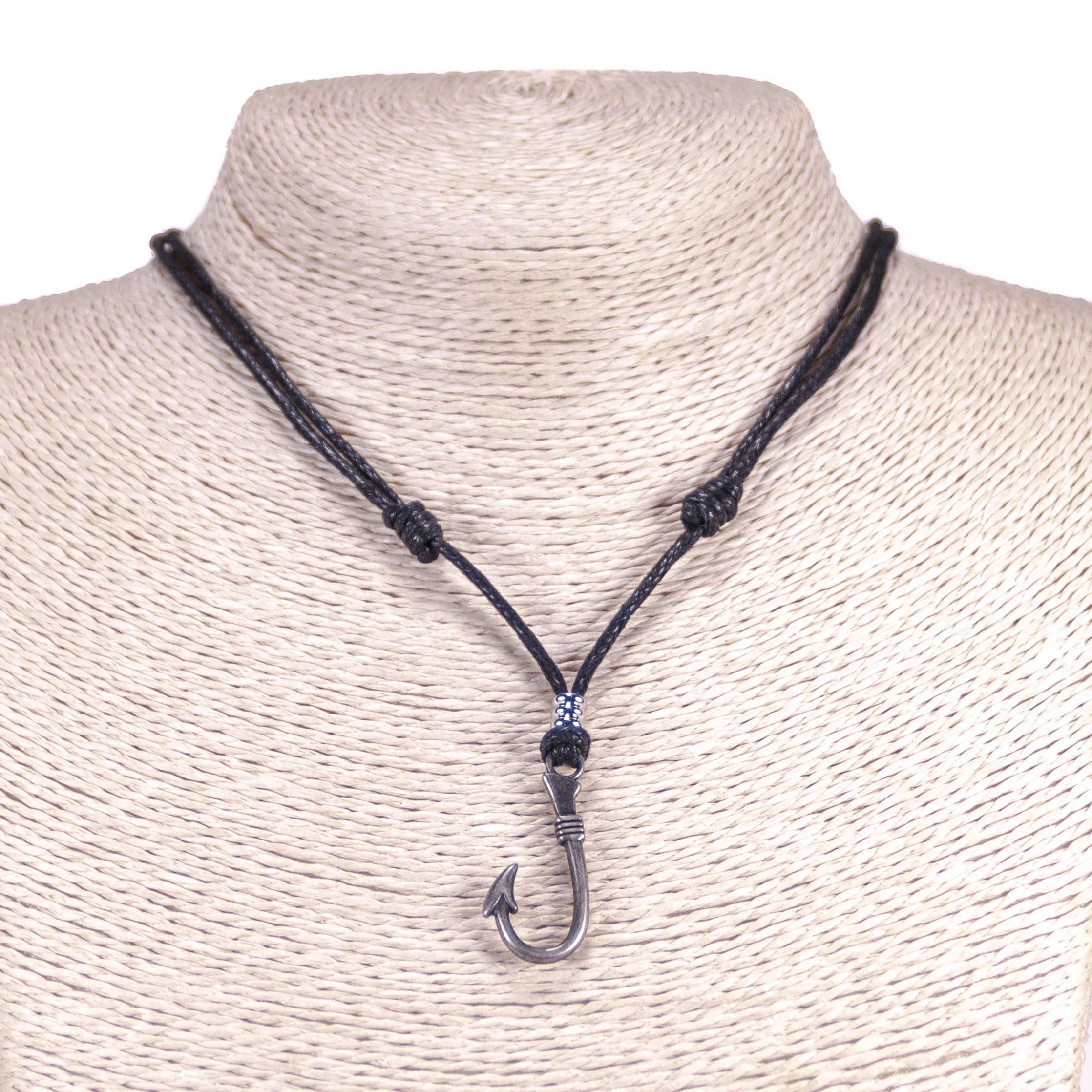 BlueRica Fish Hook on Adjustable Black Cord Necklace (Old Silver Finish)