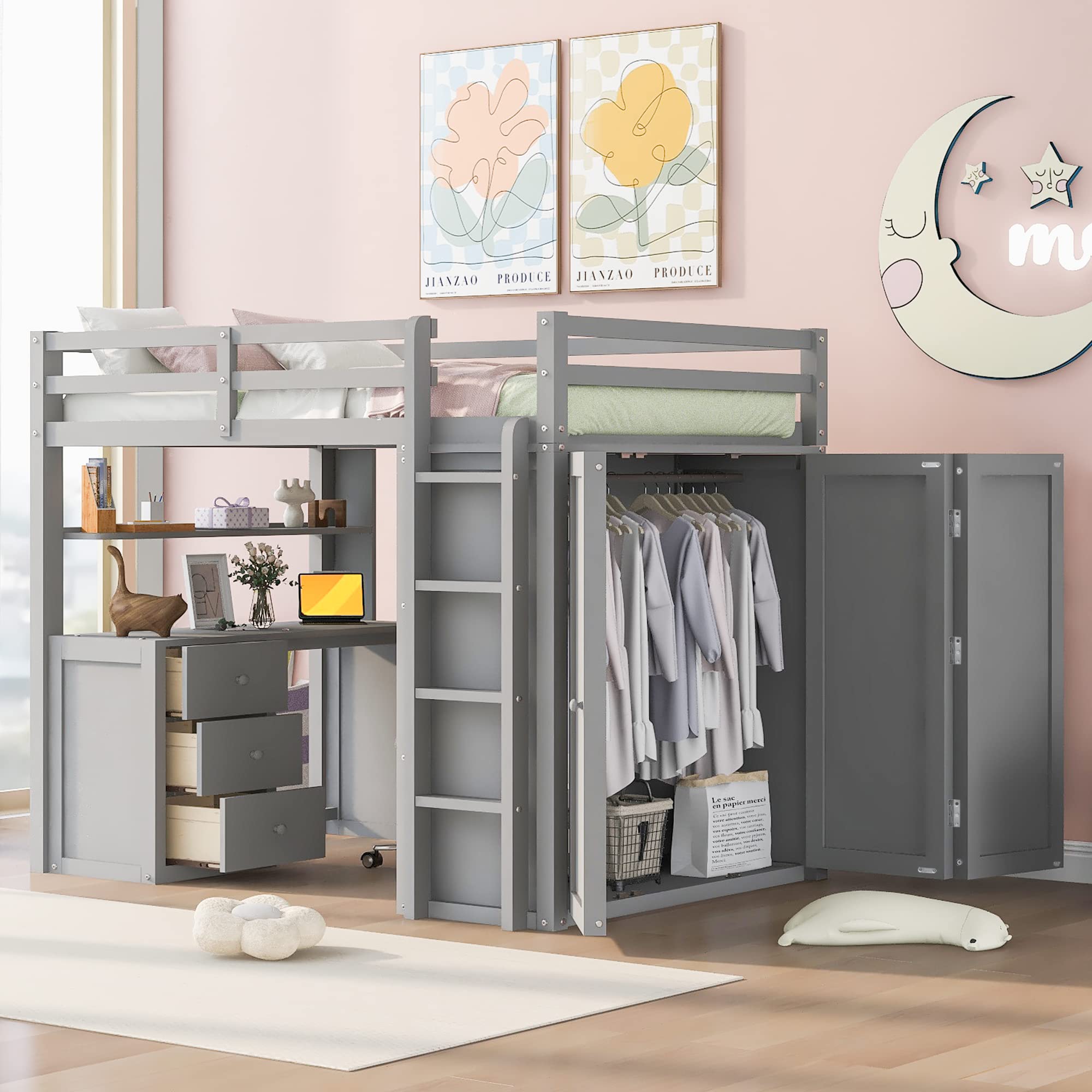 Harper & Bright Designs Full Size Loft Bed with Desk and Wardrobe, Wooden Full Loft Bed with Storage Drawers for Girls Boys Teens,No Box Spring Needed,Grey