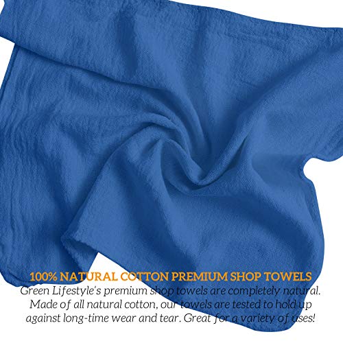 GREEN LIFESTYLE 5 Pack 12x14, Blue Shop Towels 100% Cotton, Super Absorbent and Durable for Car, Reusable Shop Rags