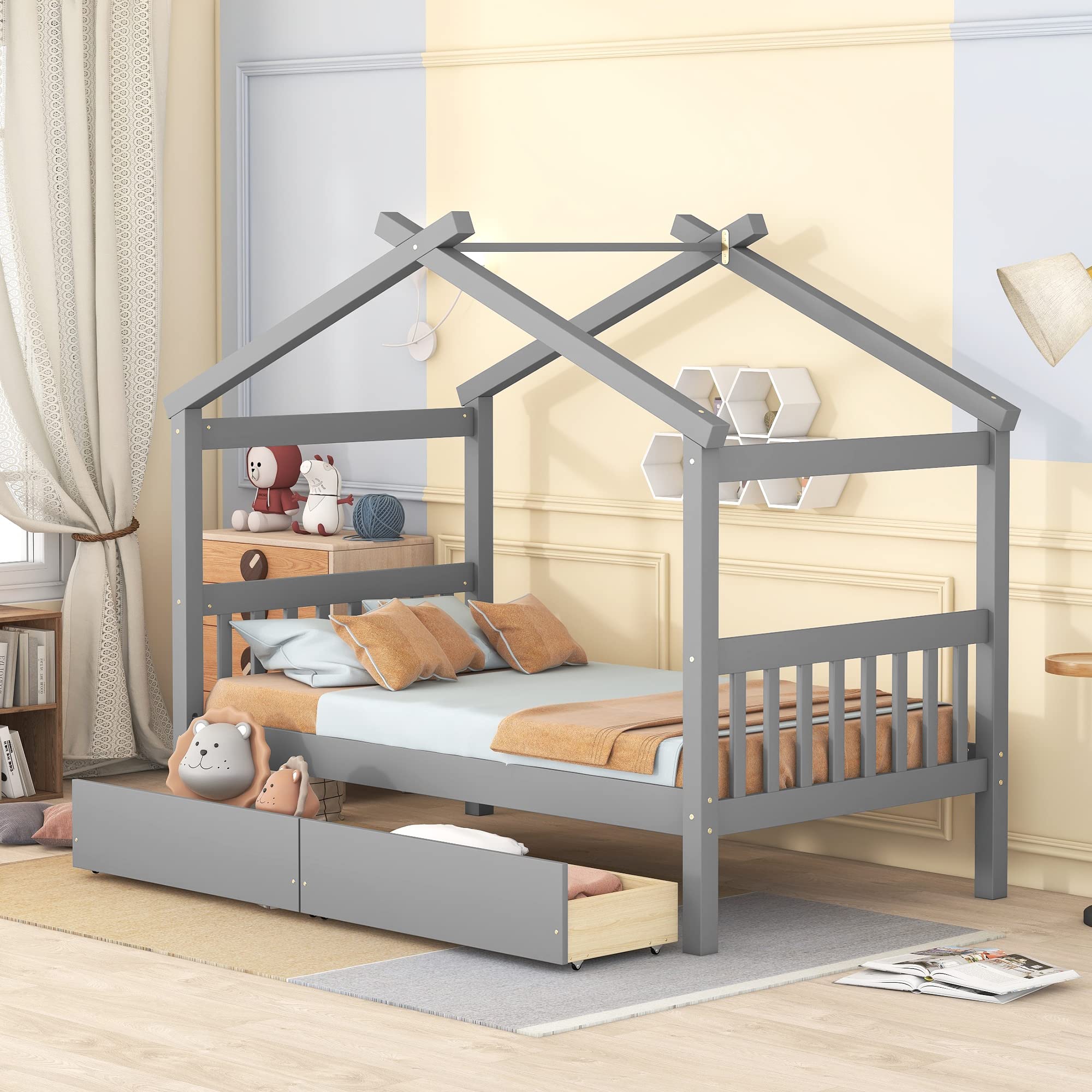 Harper & Bright Designs Twin Size House Bed for Kids, Wooden House Bed Twin with Two Drawers, Kids Twin Bed Frame with Storage,Roof Design for Girls Boys, Grey