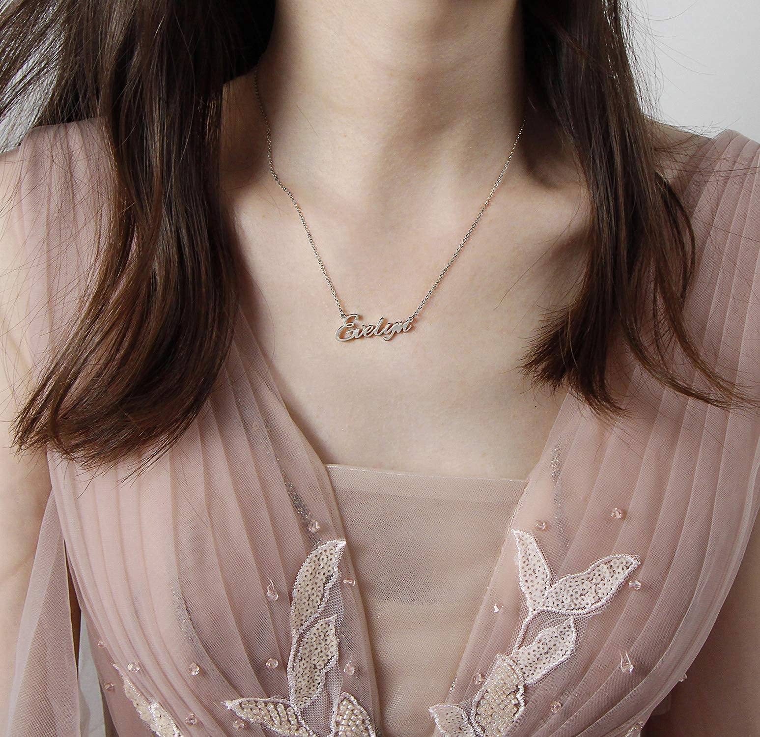 BUREI Name Necklace Personalized Gold Plated friendship Jewelry Women Gift for Her (Evelyn-silver pendant)