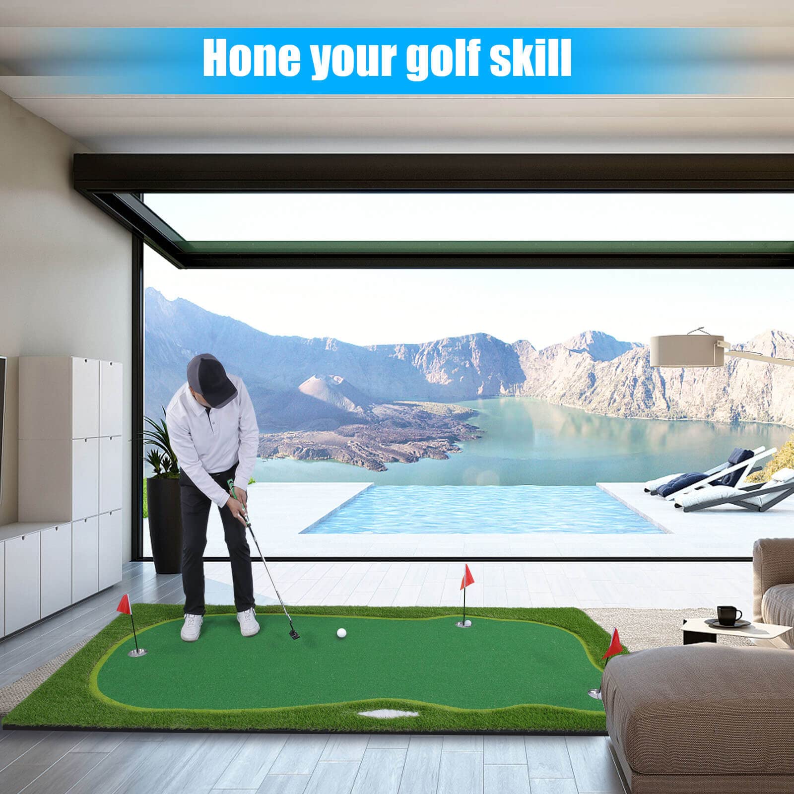 BOBURN Golf Putting Green/Mat-5x10FT Golf Training Mat- Professional Golf Practice Mat- Green Long Challenging Putter for Indoor/Outdoor