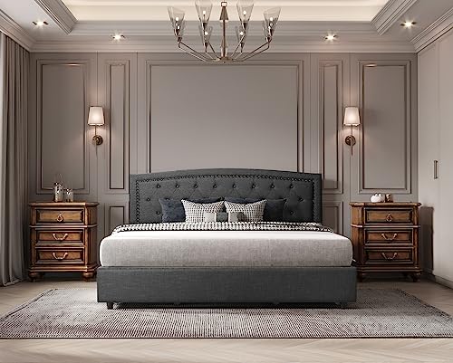 BONSOIR King Size Dark Grey Storage Bed Frame Upholstered Low Profile Traditional Platform with Tufted and Nail Headboard