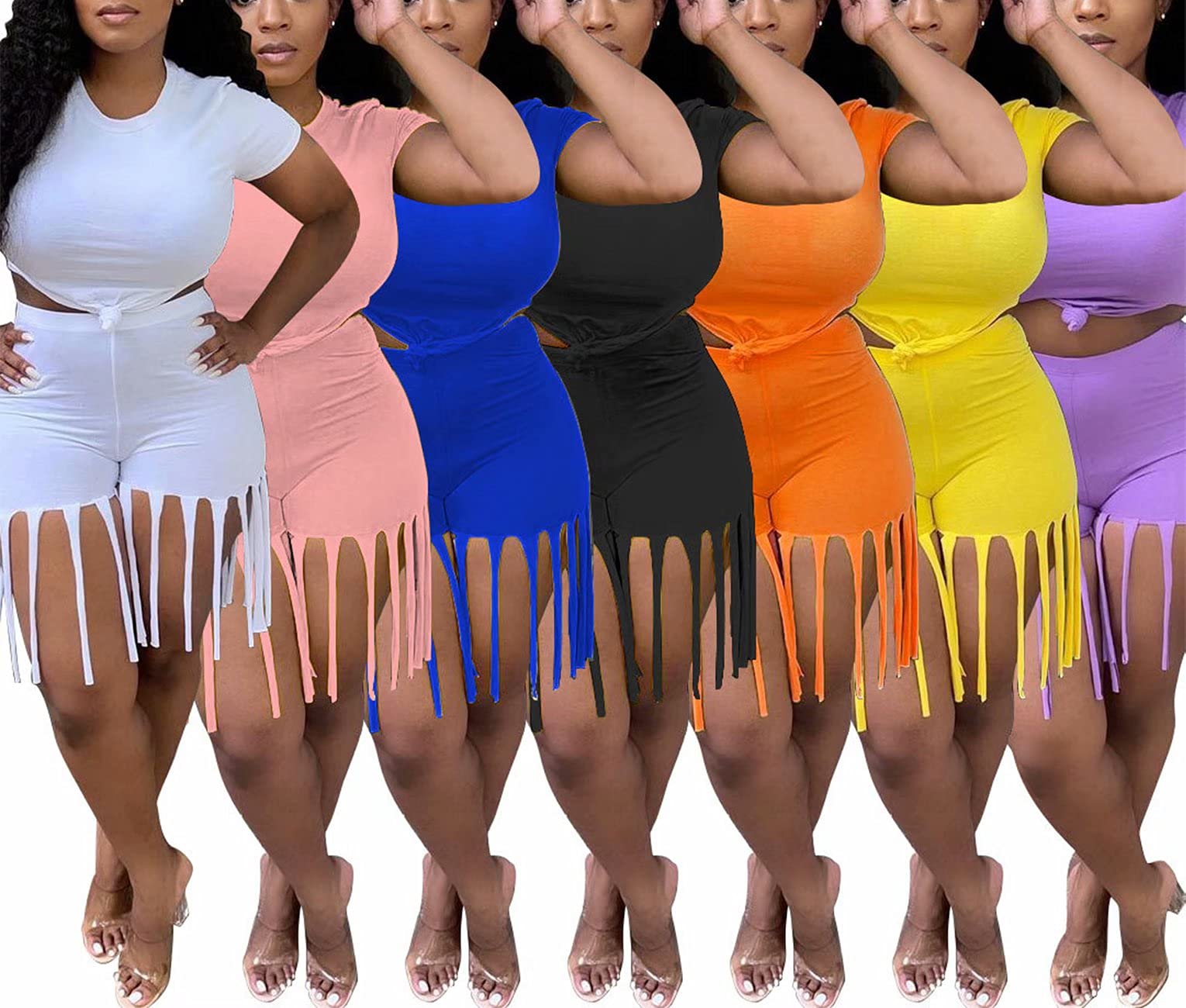 Bluewolfsea Women's Cute Two Piece Outfits Short Sleeve Shirt Top and Tassel Bodycon Shorts Tracksuit Medium