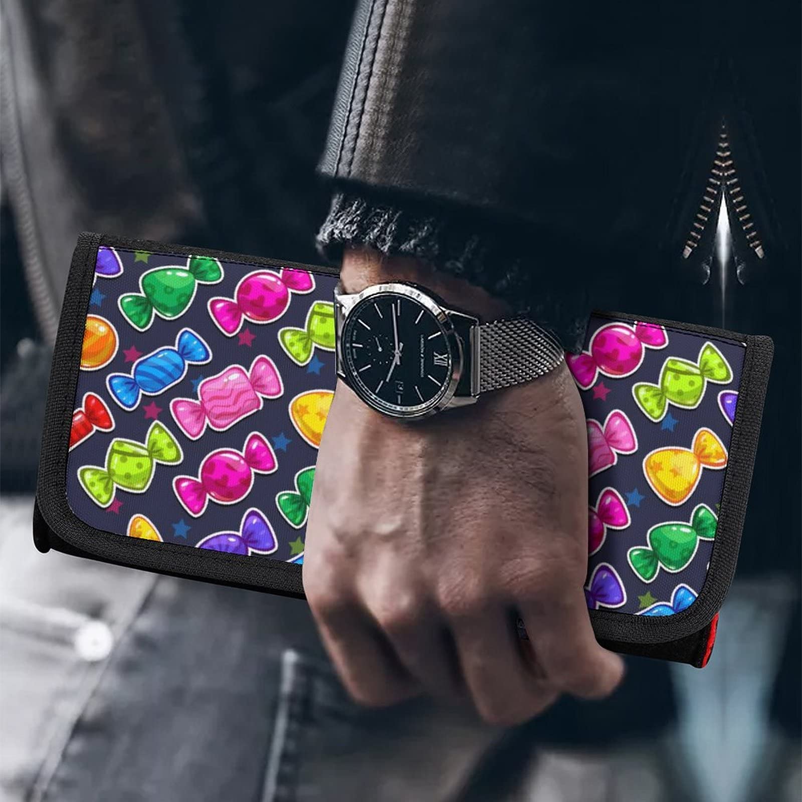 Colorful Candies Carrying Bag Compatible with Switch Protective Case Slim Felt Pouch with 5 Game Cartridges Holders