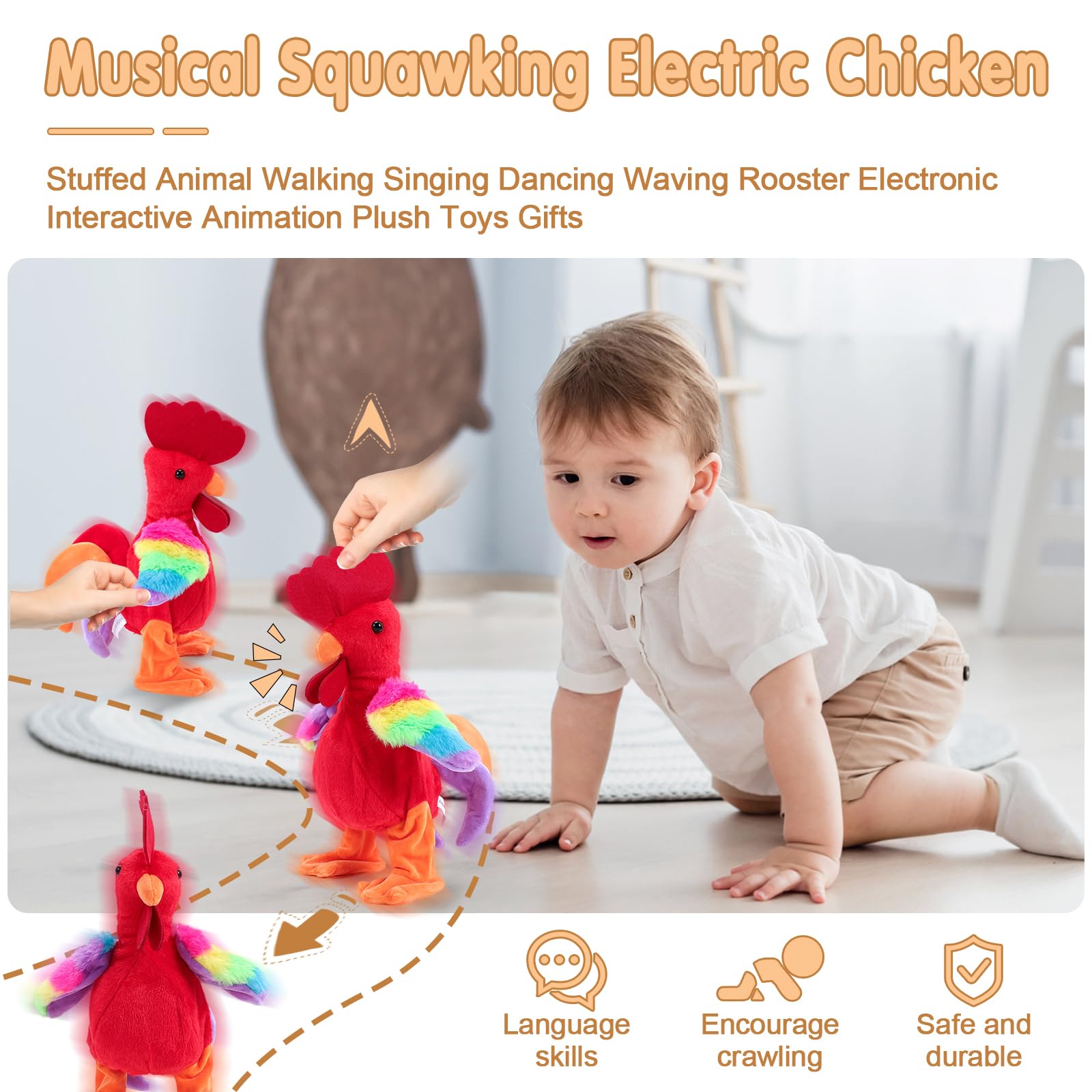SdeNow Musical Squawking Chicken Stuffed Animal Walking Singing Waving Rooster Fun Electronic Interactive Animation Plush Toys Gifts for Kids