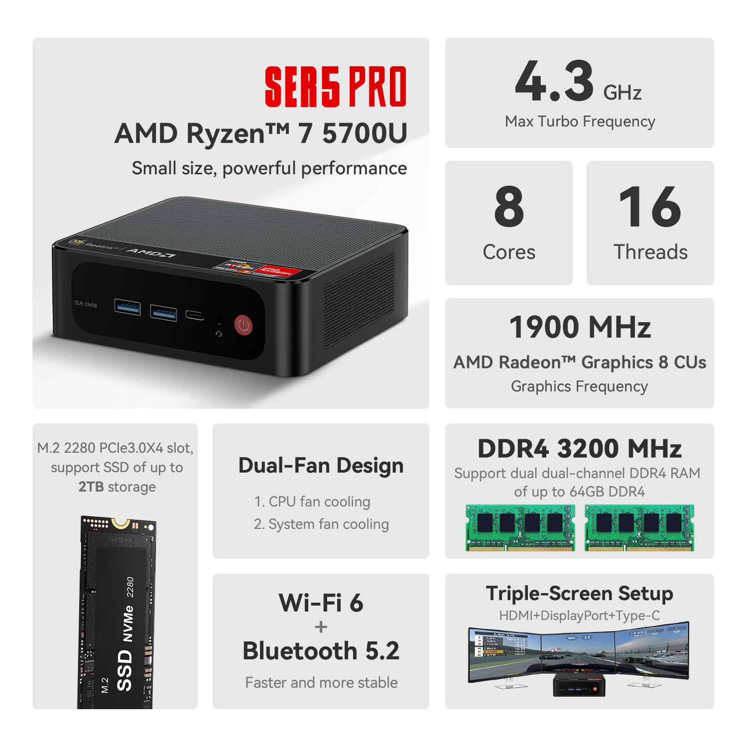 Beelink Mini PC, AMD Ryzen 7 5700U(8C/16T, Up to 4.3GHz), 16GB DDR4 RAM 500GB PCIe3.0 x4 SSD, SER5 Pro Mini Desktop Computer Support 4K Triple Display/DP/HDMI/USB 3.2/WiFi 6/BT5.2, Gaming/Office/Home