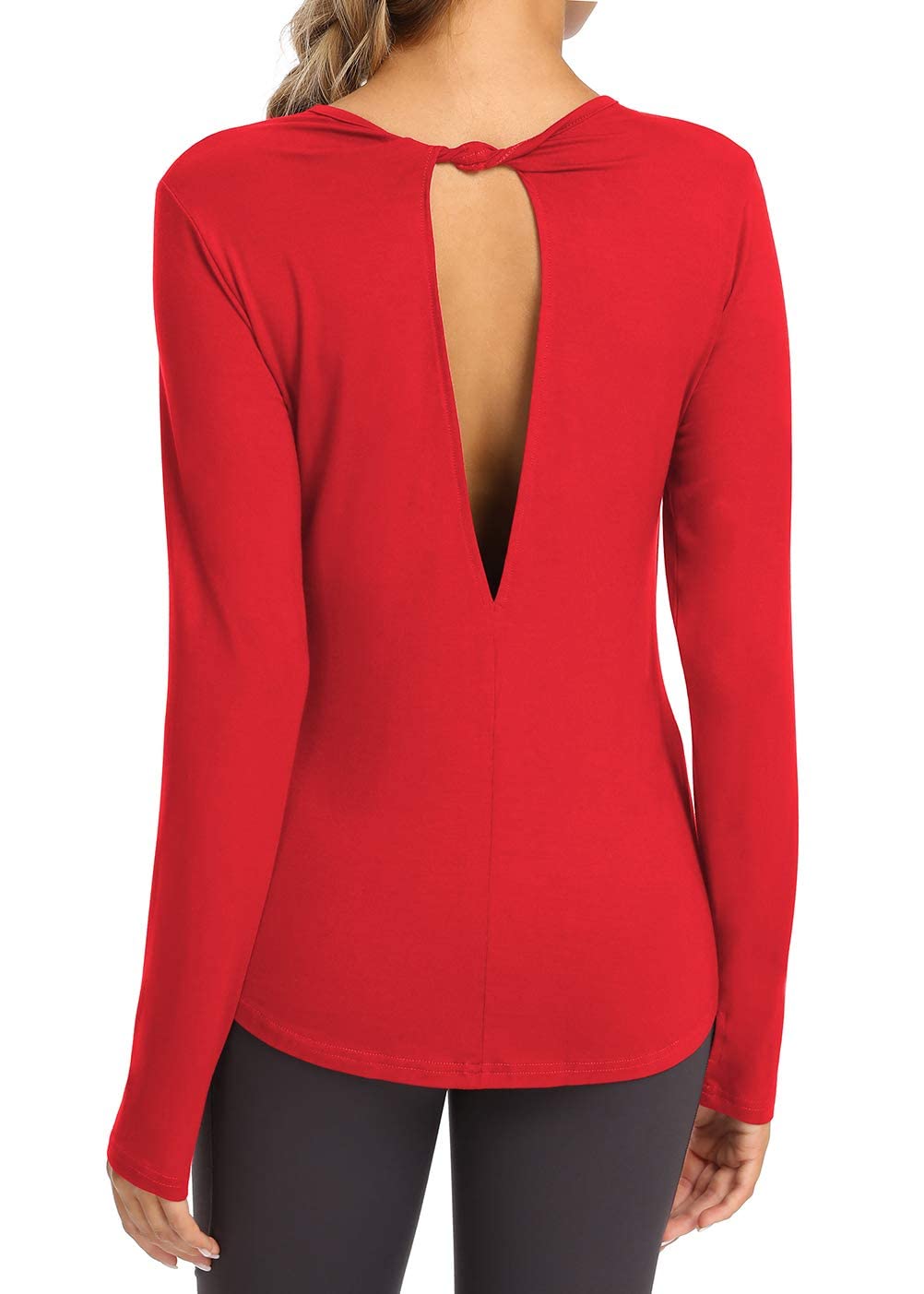 Bestisun Workout Long Sleeve Tops Gym Athletic Long Sleeve Tops Running Gym Dance Wear Thumb Hole Tops Red L