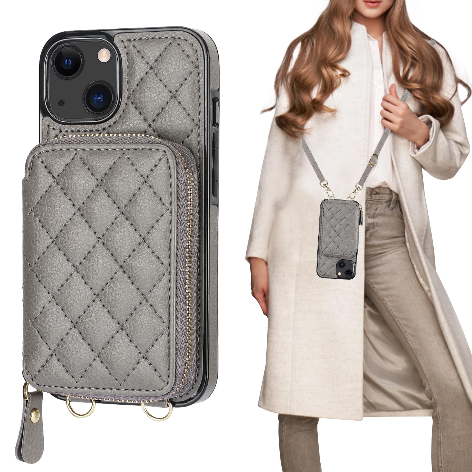 Bocasal Crossbody Wallet Case for iPhone 13, RFID Blocking PU Leather Zipper Handbag Purse Flip Cover, Kickstand Folio Case with Card Slots Holder Wrist Strap Lanyard 5G 6.1 Inch (Grey)