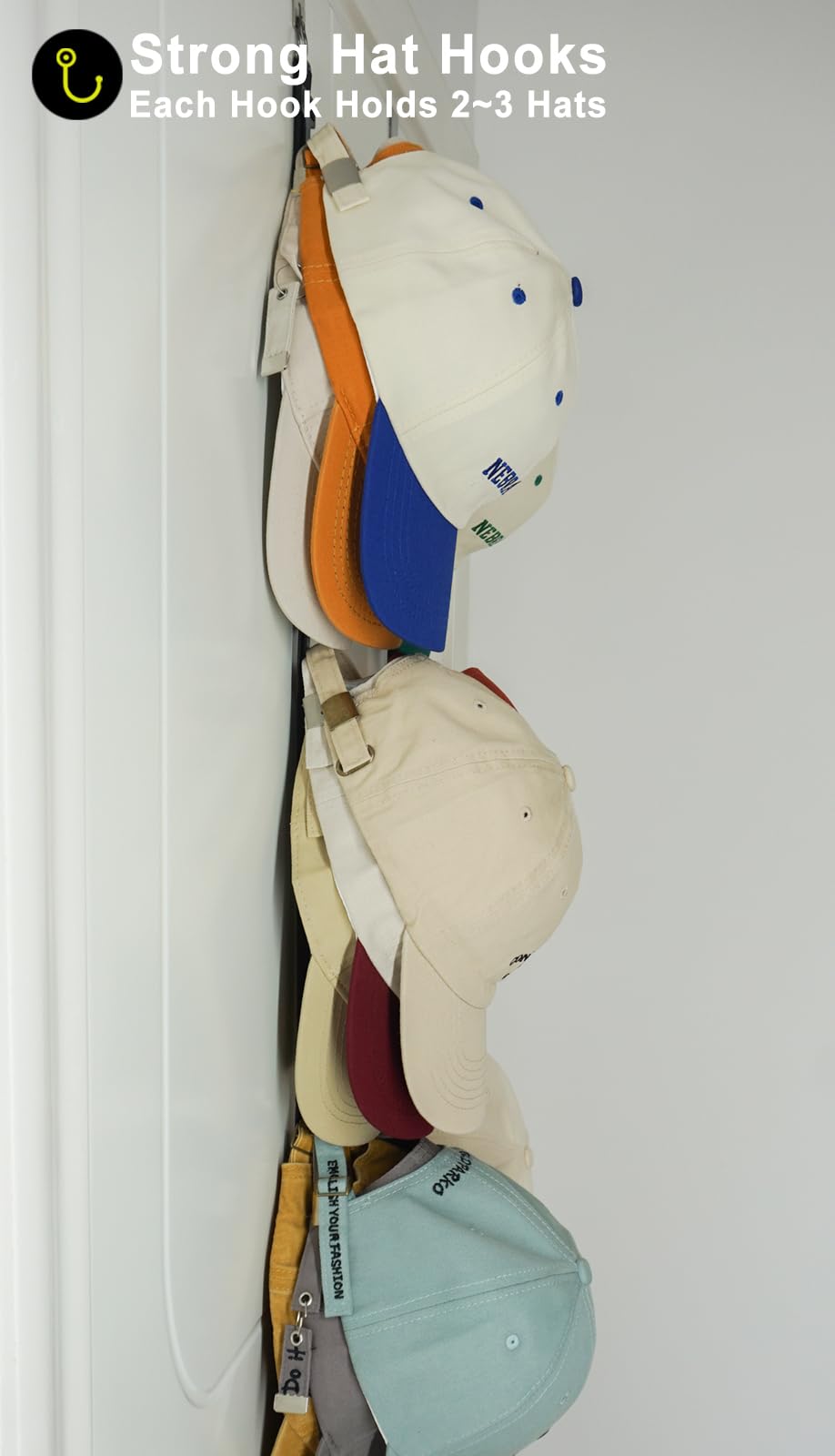 ETOWIFA Hat Organizer Rack for Baseball Caps [Up to 36 Hats] Hat Display Storage Over The Door/Closet/Wall, Hat Hanger with 2 Straps & 12 Hooks, Space-Saving Room/Dorms Organization