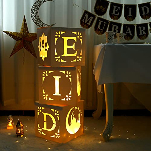 Decoration Boxes with Light - 3pcs White Hollow-out with Warm Light String,EID Cultural Paper Elements Box for Eid al-Fitr Decor Eid al-Adha Festival Ramadan Mubarak Muslim Islamic Supplies
