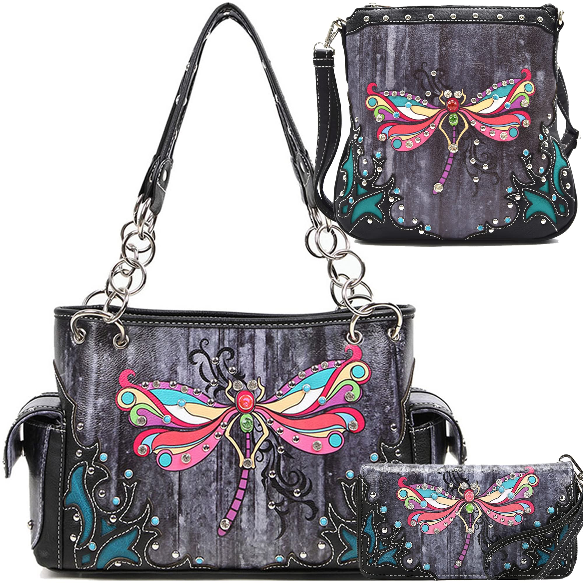 Colorful Dragonfly Western Spring Purse Country Handbag Women Shoulder Bag Crossbody Wallet Set Black