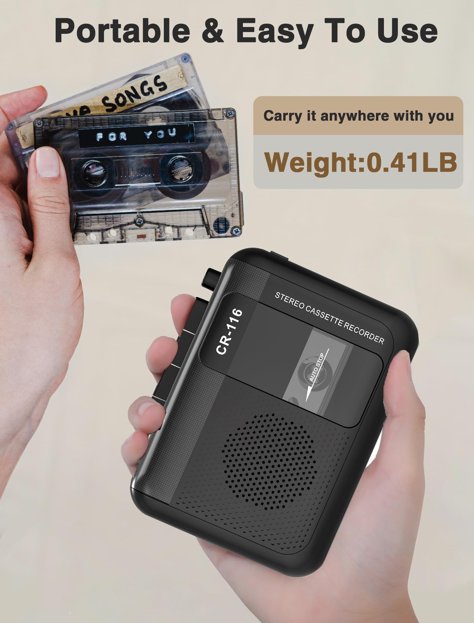 Cassette Player-Walkman Tape Recorder with Built-in Mic External Clear Speakers and Earphone Jack