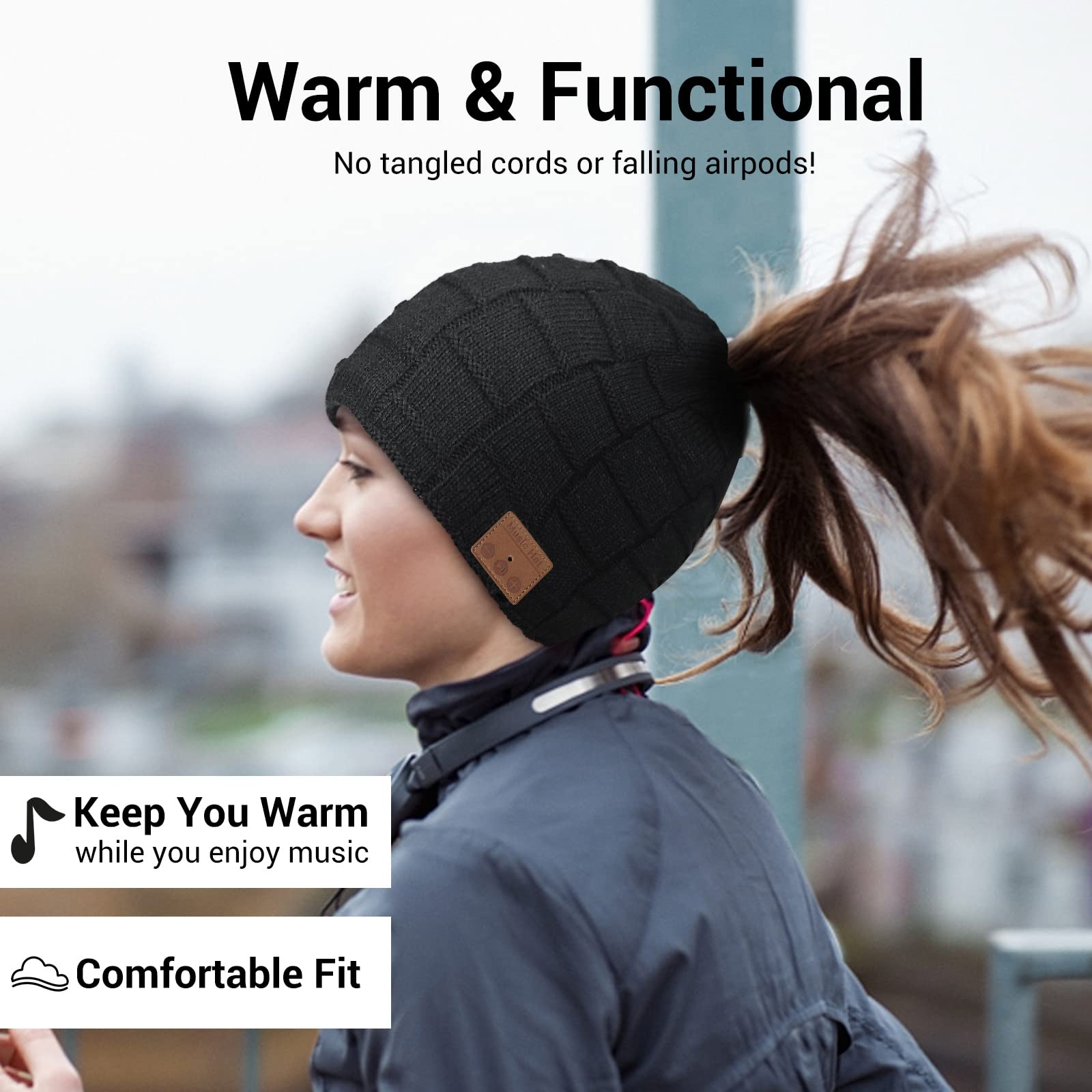 Bluetooth Beanie for Women with Ponytail Hole - Wireless Knitted Beanie Hat with Bluetooth Headphones Built-in (Black, Beanie)