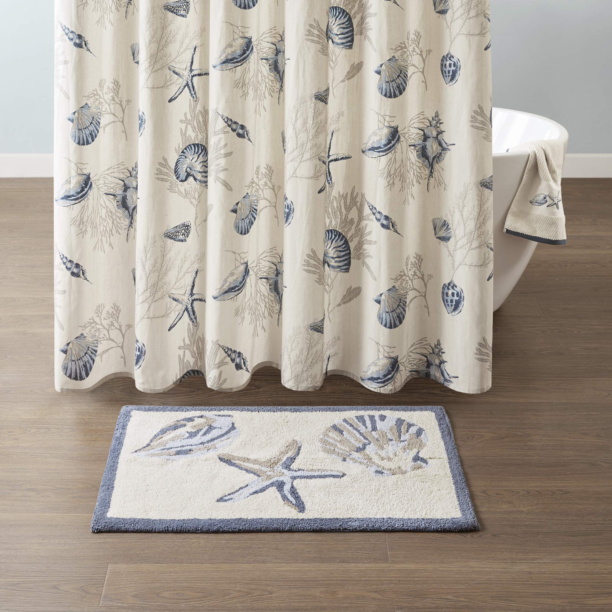 Madison Park Bayside 100% Cotton Tufted Non-Slip Absorbent Ultra Soft Seashells Beach Style Bath Mat Bathroom Rugs, 21X34" Inches, Blue, 1 Piece
