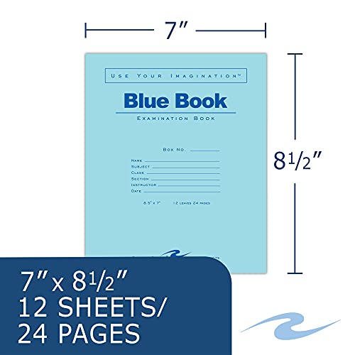 Roaring Spring Test Blue Exam Book, 50 Pack, Wide Ruled with Margin, 8.5" x 7" 12 Sheets/24 Pages, Blue Cover, (77413)