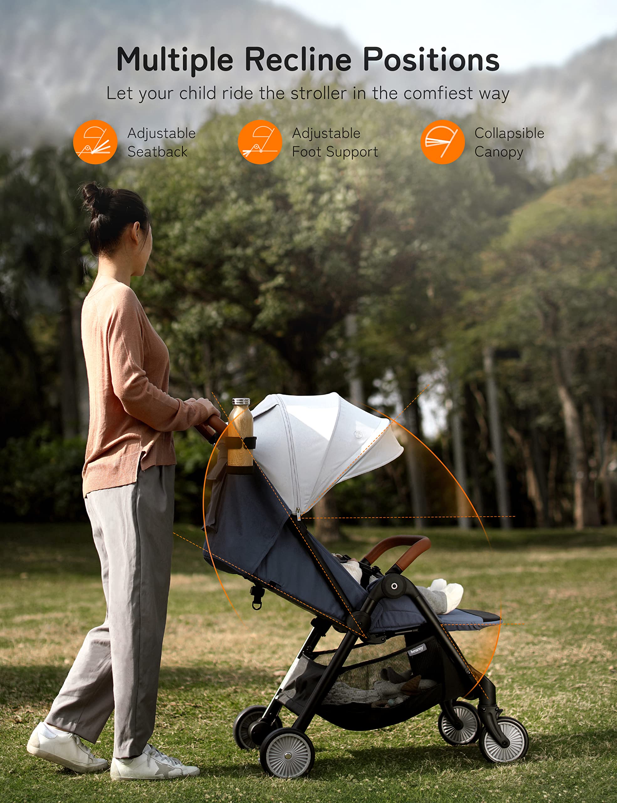 Lightweight Baby Stroller, Besrey Self Folding Travel Stroller Baby Carriage with One-Hand Gravity Fold, Waterproof Canopy, Toddler Compact Stroller with Cup Holder Shock-Absorbing Wheel, up to 50lbs
