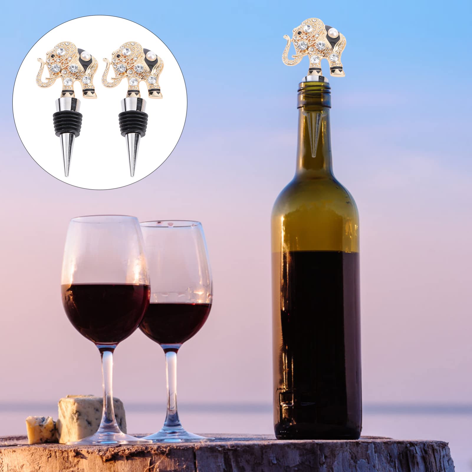 DOITOOL Wine Bottle Stoppers For Glass Bottles Vacuum, Wine Stoppers For Wine Bottles Vacuum Seal Gem Pearls Elephant Animal For Wine& Beverage Plug, Set Of 2