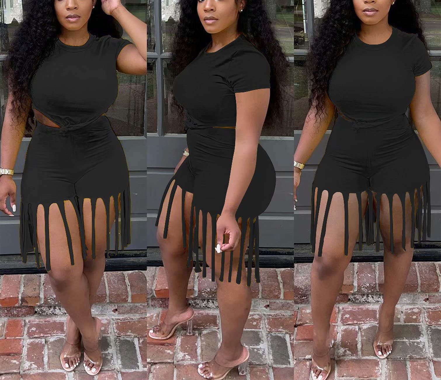 Bluewolfsea Women's Cute Two Piece Outfits Short Sleeve Shirt Top and Tassel Bodycon Shorts Tracksuit Medium