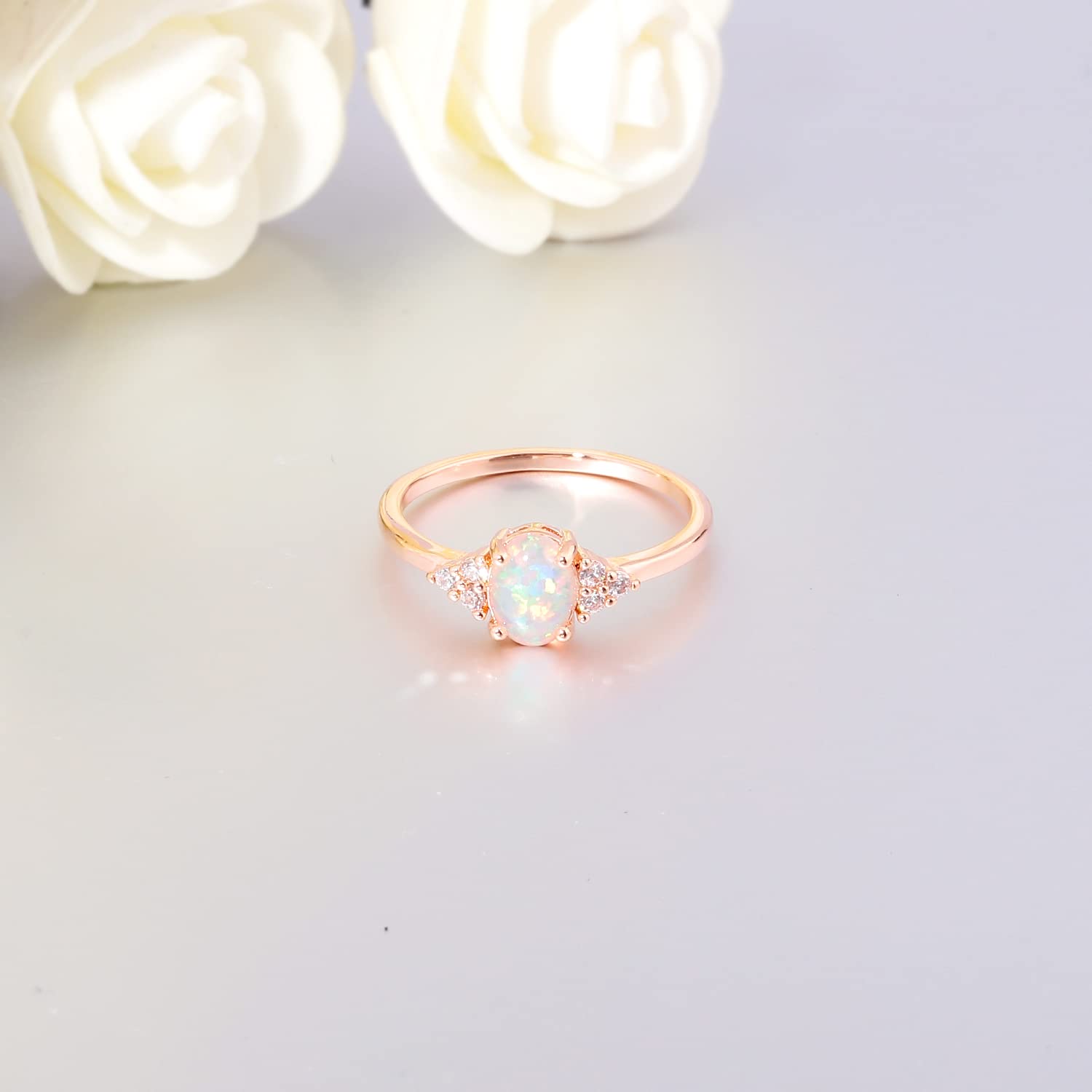 CiNily Wedding Rings for Women Eternity Band 14K Rose Gold Plated Cubic Zirconia Promise Ring Gift for Her, White Fire Opal Engagement Rings Size 6