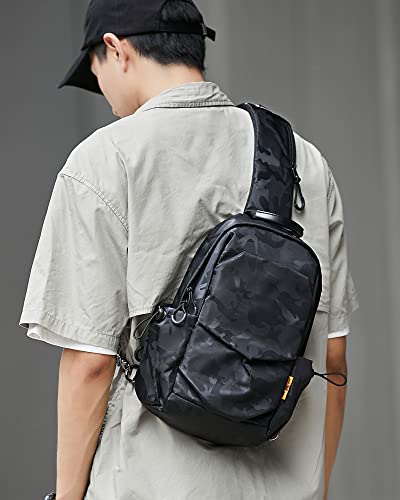 Small Sling Crossbody Backpack Shoulder Messenger Bag for Men Women, Mini Anti Theft One Strap Motorcycle Backpack Sling Tactical Chest Bag for Hiking Walking Biking Travel Cycling Camouflage Black