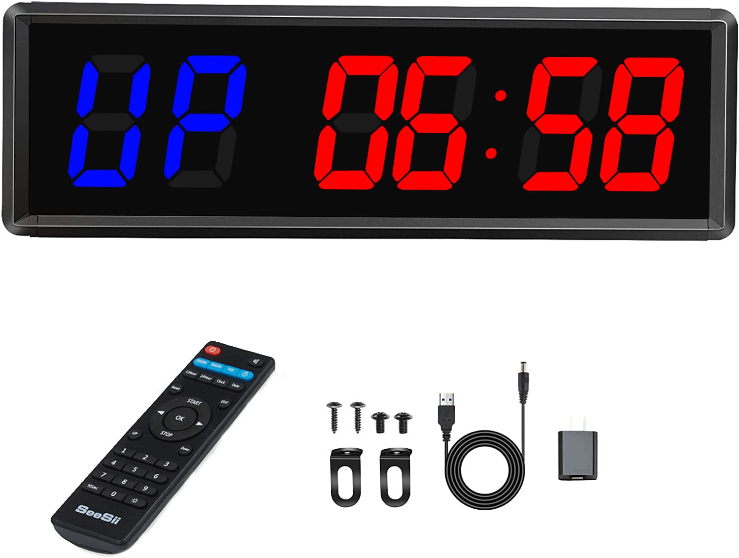 Seesii Gym Timer,LED Workout Colck Count Down/Up Clock,11.5" x 4" Ultra-Clear Digital Display, Power Bank Compatible with Workout Metal Stopwatch, Multi-Scenes with Remote (1.5 Inch Blue Red)