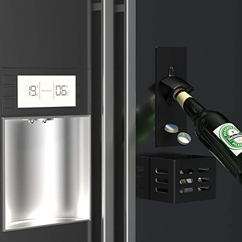 weallbuy Magnetic Bottle Opener with Cap Catcher,Removable Wall Mounted Beer Bottle Opener for Kitchen Fridge,Beer Gifts for Men (black)