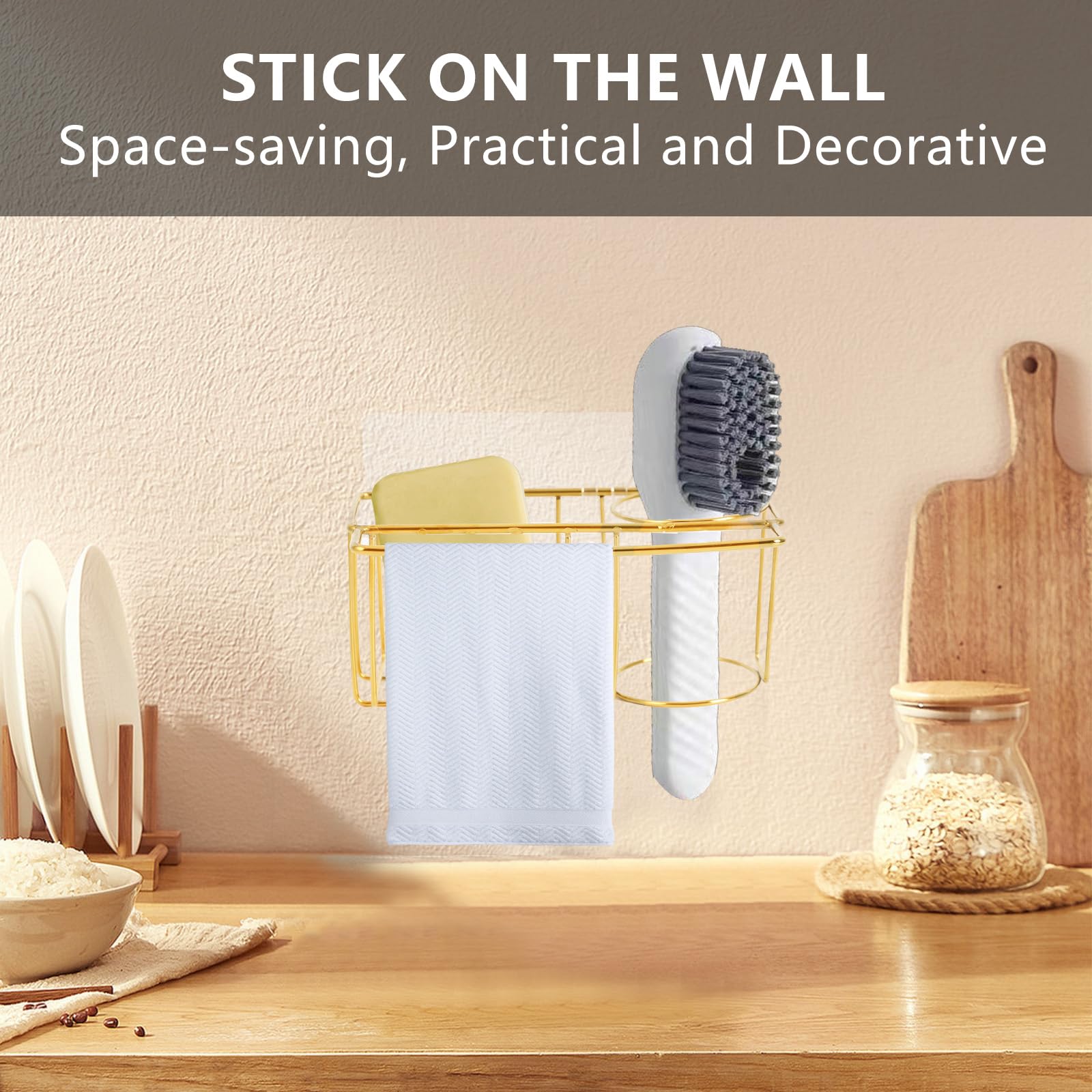 blueden 3-in-1 Adhesive Sink Caddy Kitchen Sink Organizer,Stainless Steel Sponge and Brush Holder for Kitchen Sink,Suitable for Sponges,Dish Cloth,Scrubbers, Soap, Kitchen, Bathroom.Gold