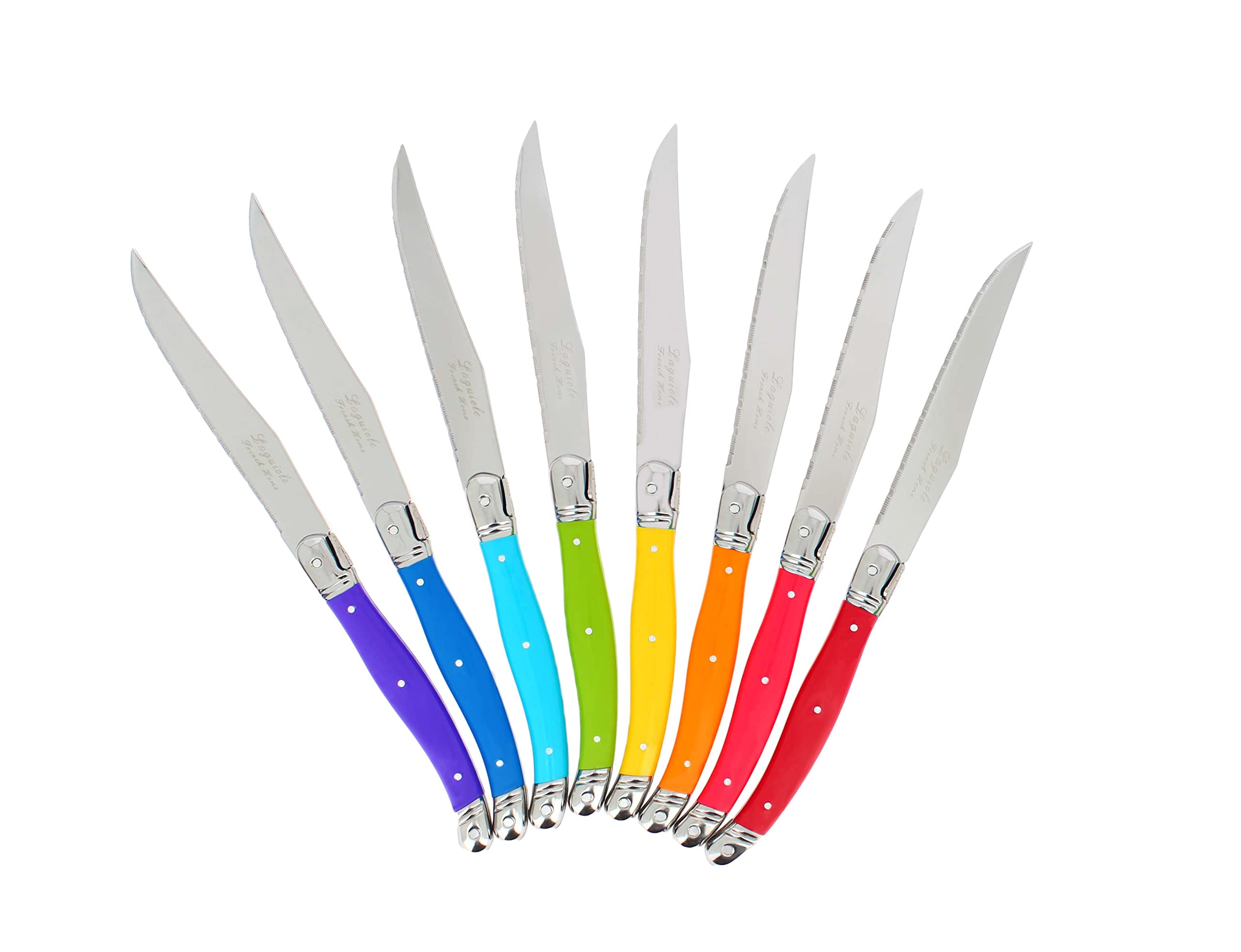 French Home Laguiole 8-Piece Steak Knife Set – Sophisticated Stainless Steel Dinner Knives with Rainbow Handles & Iconic Bee Emblem – Serrated Knives for Smooth Cutting (9.25")
